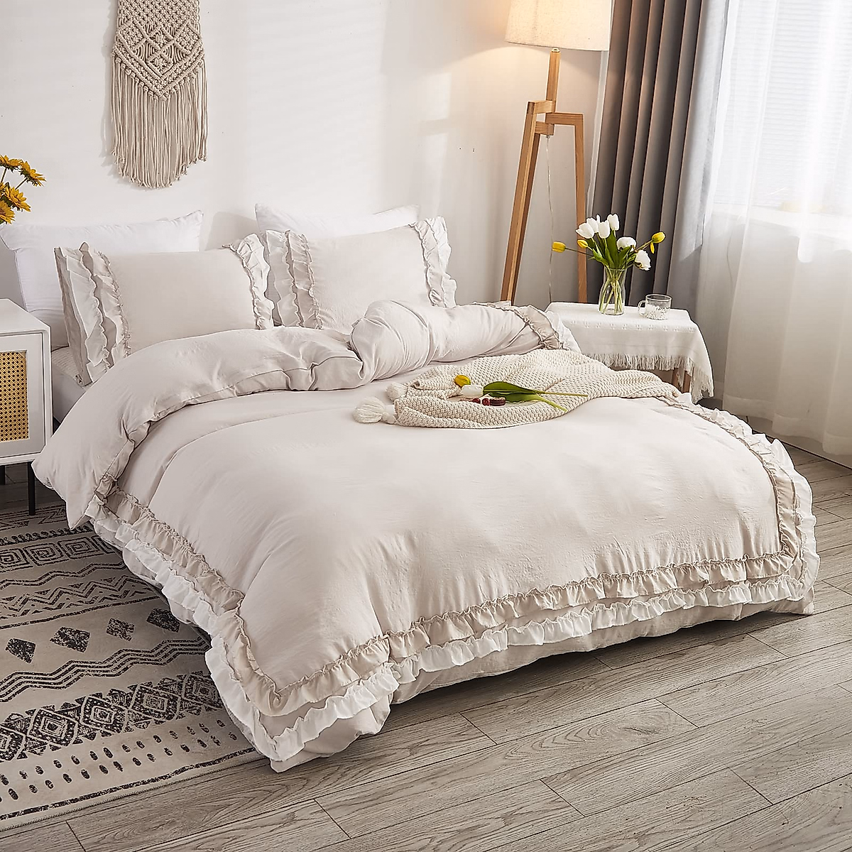 Beige Farmhouse Bedding Set Pleated Ruffle Duvet Cover Set Beige Gray Lace Ruched Ruffled French Country Style Rustic Textured Duvet Cover King with 2 Pillowcases