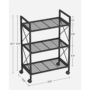 SONGMICS 3-Tier Metal Storage Rack with Wheels, Mesh Shelving Unit with X Side Frames, 23.6-Inch Width, for Entryway, Kitchen, Living Room, Bathroom, Industrial Style, Black UBSC163B01