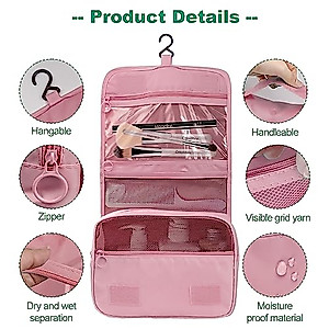 Aosivm Hanging toiletry bag for Women,makeup travel bag,with Jewelry Organizer Compartment,Large Cosmetic Bag Travel Organizer for Bathroom Shower Accessories (pink, Large)