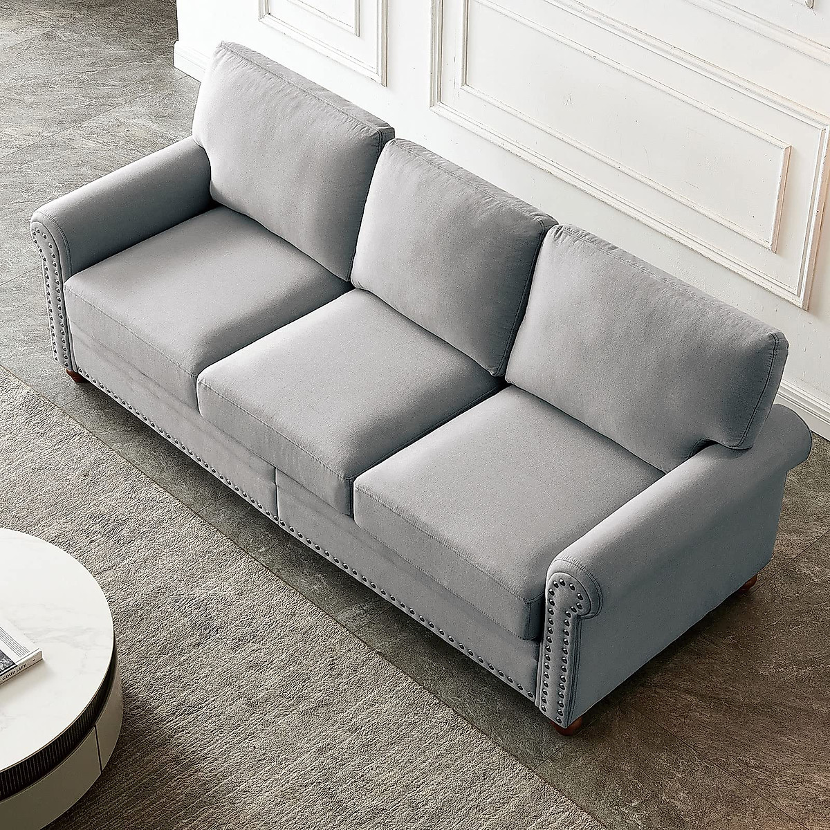 CALABASH 3 Seater Couch Sofa, Modern Upholstered Sofa with Classic Nails & Seat Cushion Backrest Removable for Living Room, Bedroom, Apartment, 83Inch(Grey Fabric)