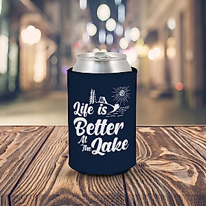 Life is Better At The Lake Can Coolie Can Sleeve Cooler Insulated Drink Coozies Soda Beer Hugger Coolies (Navy, 12 Pk)