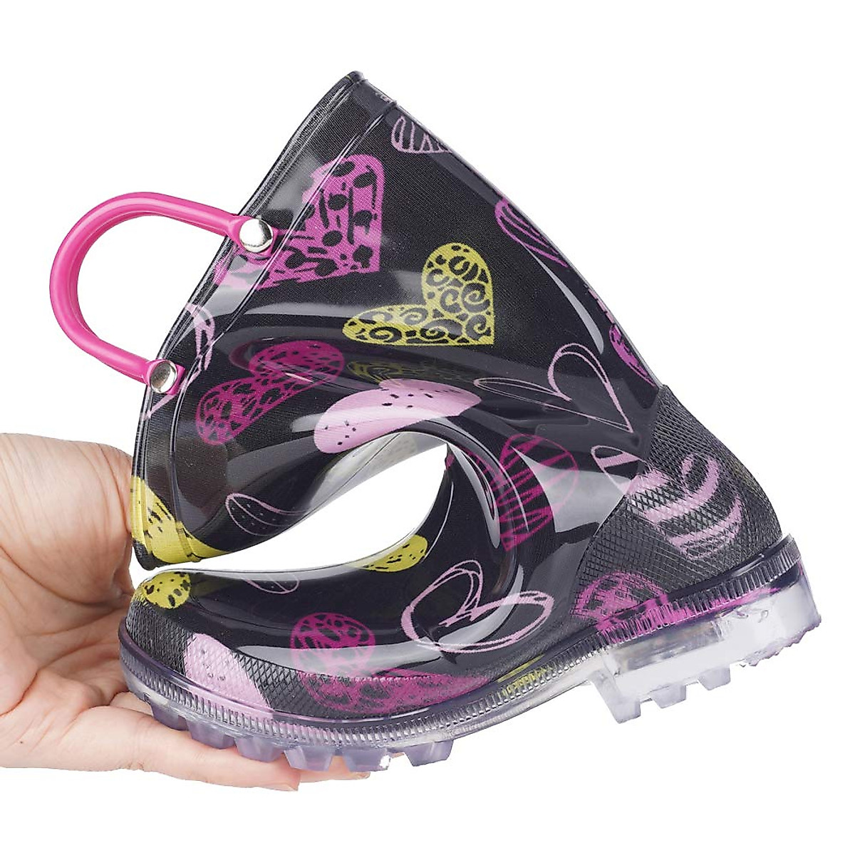 HugRain kids Girls Rain Boots Toddler Light Up Printed Waterproof Shoes Lightweight Adorable Cute Pink Heart Rubber with Easy-On Handles and Insole (Size 3,Black)