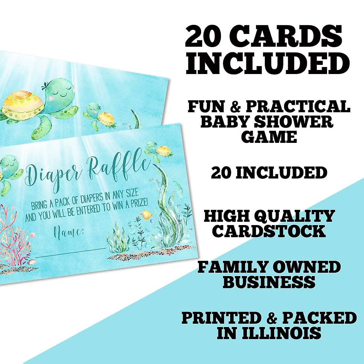 Amanda Creation Little Hatchling Cute Sea Turtle Sea Life Diaper Raffle Tickets for Baby Showers, 20 2" X 3” Double Sided Insert Cards for Games, Bring a Pack of Diapers to Win Favors & Prizes!