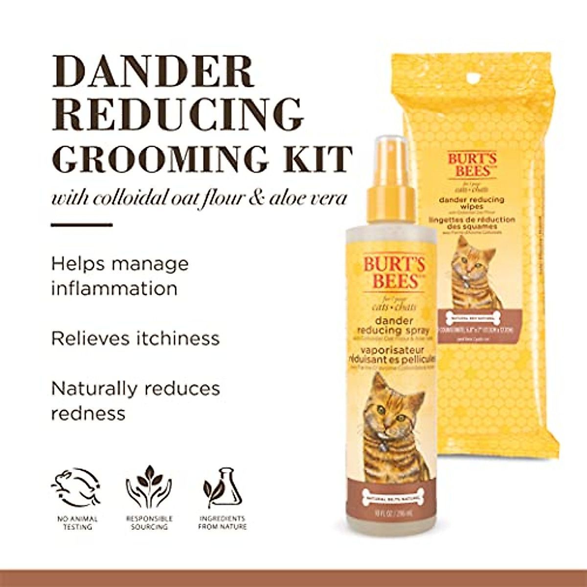 Burt's Bees for Cats Grooming Wipes and Dander Reducing Spray - Cat Wipes and Cat Dander Spray, Cat Dander Wipes, Dander Reducing Cat Grooming Wipes, Burts Bees Cat Spray for Dander