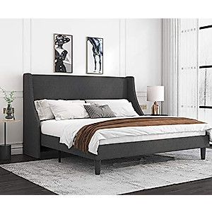 Allewie King Size Bed Frame, Platform Bed Frame with Upholstered Headboard, Modern Deluxe Wingback, Wood Slat Support, Mattress Foundation, Dark Grey