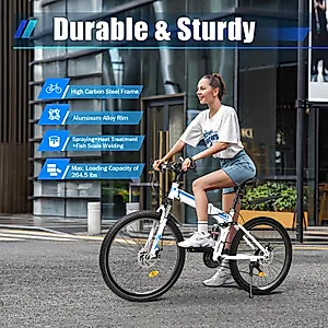 26 Inch Folding Mountain Bike, 21-Speed MTB Bicycle for Adult, High Carbon Steel Frame, Dual Disc Brake Non-Slip Outroad Mountain Bicycle for Men Women