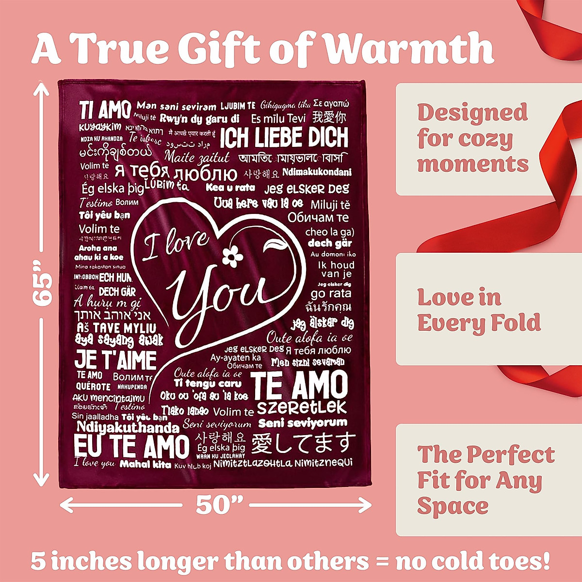 I Love You Blankets for her, with I Love You in Multiple Languages, Christmas Blanket, Gifts for Her Anniversary, I Love You Gifts for her,Mom I Love You Gifts 65"x50" (Sussy Red)