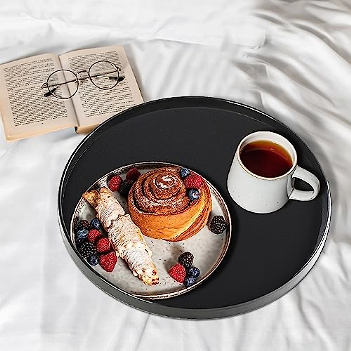 Round Solid Wood Serving Tray Extra Large Tea Coffee Snack Food Meals Serving Plate Non-Slip Kitchen Party Bar Server Breakfast Tray with Raised Edges (16inch/40cm) Black Decorative Ottoman Tray