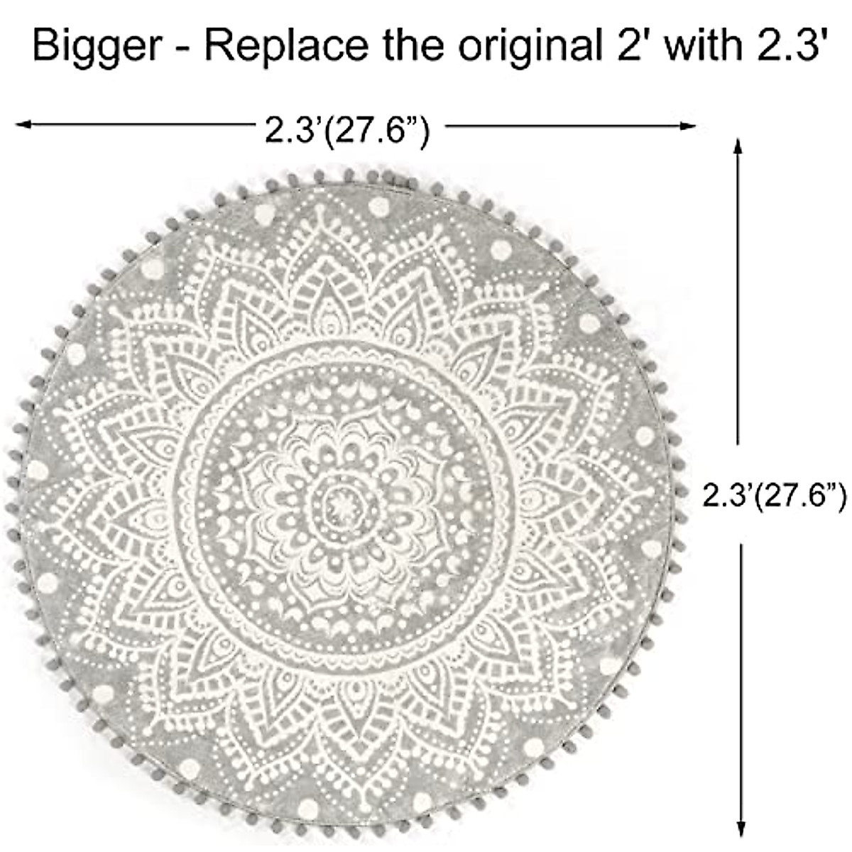 Uphome Small Round Rug 2.3’ Grey Mandala Boho Bathroom Rugs with Pom Poms Fringe Washable Circle Shower Mat Soft Non-Slip Cute Circular Throw Rug for Sink Powder Room Bedroom Kids Room Nursery