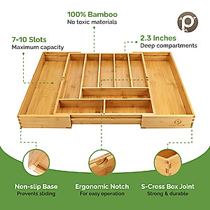 Pristine Bamboo Silverware Organizer - Expandable Kitchen Drawer Organizer - Adjustable Kitchen Drawer Organizer for Utensils, Expandable to 25 Inches Wide, 10 Compartments, Silverware Tray for Drawer