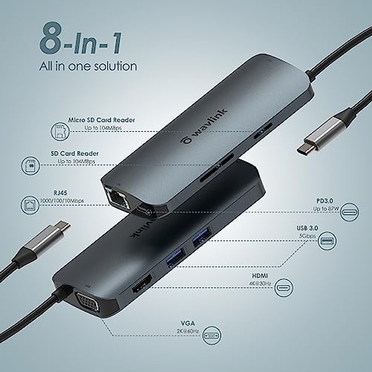 WAVLINK USB C Hub, 8-in-1 Type C Adapter Mini Docking Station with 4K 30Hz HDMI, 2K 60Hz VGA, Gigabit Ethernet, 2 USB 3.0, SD/TF Card Reader, 87W Power Delivery for MacBook Pro and More