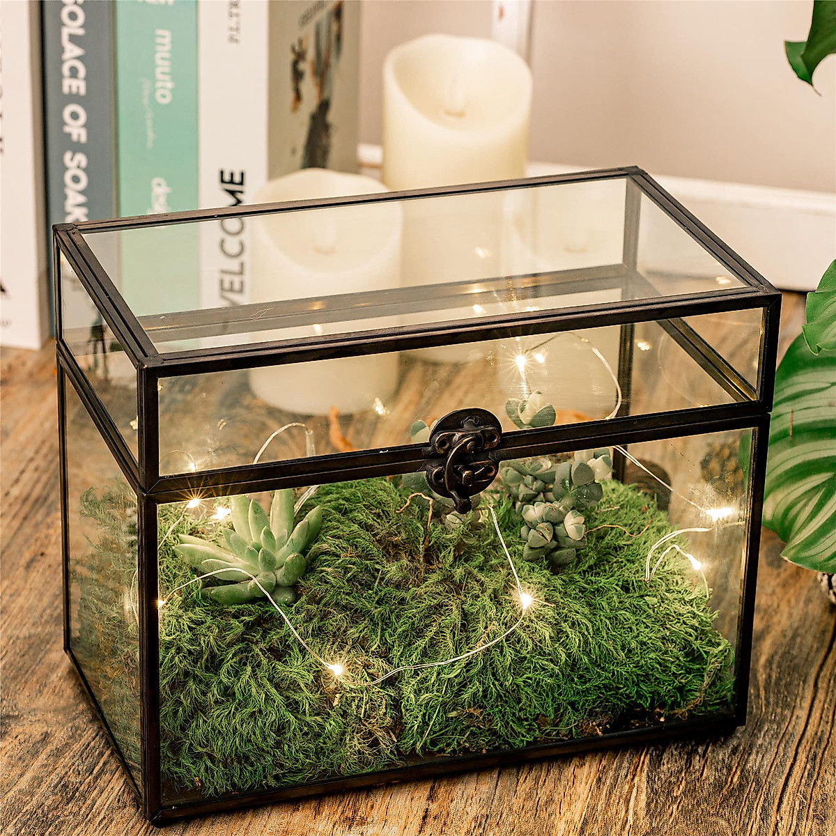 NCYP 9.8 x 5.6 x 7.7 Inch Glass Card Box with Lid for Wedding Reception, Envelope, Keepsake - Vintage Terrarium Container, Clear Party Centerpiece, Black (Glass Box Only)