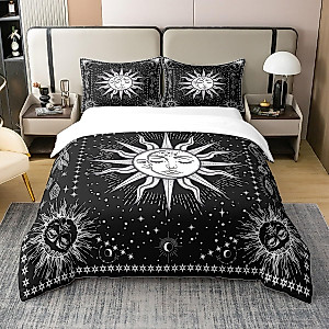 Erosebridal 100% Cotton Sun and Moon Duvet Cover,Psychedelic Mystic Galaxy Bedding Set Queen,Starry Sky Comforter Cover,Bohemian Constellation Stars Bed Sets with 1 Pillow Sham,White Black