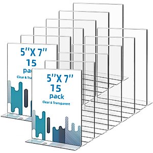HUANGXIN 5 x 7 Inch Acrylic Clear Sign Holder 15 Pack Table Menu Display Double Sided Clear Poster Stand Frame Shelf Picture Flyer Signs Holders for Office Store Restaurant Hotels Vendor Events