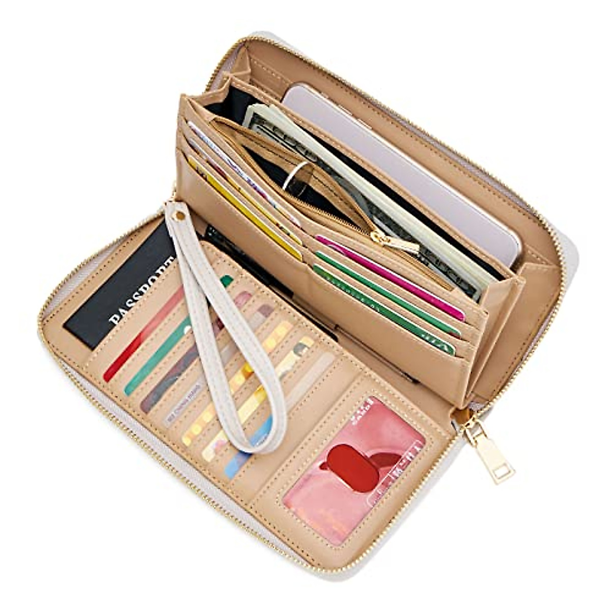 WOZEAH Women's RFID Blocking PU Leather Zip Around Wallet Clutch Large Travel Purse (A creamy white)