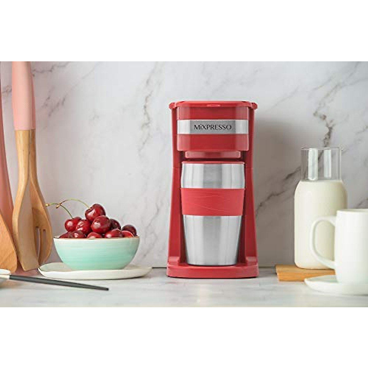 Mixpresso Personal Single-Serve Coffee Maker & 14oz Travel Mug, Drip Small Coffee Maker & Tumbler, Auto Shut Off & Reusable Filter, Red Coffee Maker Compatible with Coffee Grounds