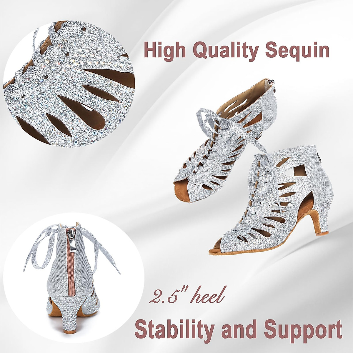 LuiXiu Ballroom Dance Shoes for Social Dancer Beginner 2.5 Inches Lace-Up Latin Swing Practice Dancing Sandals LX04(6,Silver-2.5 Inch Heel)