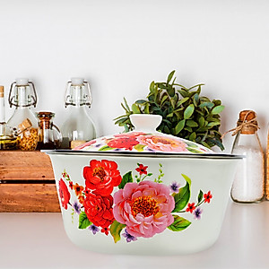 DOITOOL Vintage Enamel Basin Large Retro Enamel Bowl Flower Printed Cooking Pot Tureen Pot with Lid Kitchen Accessories