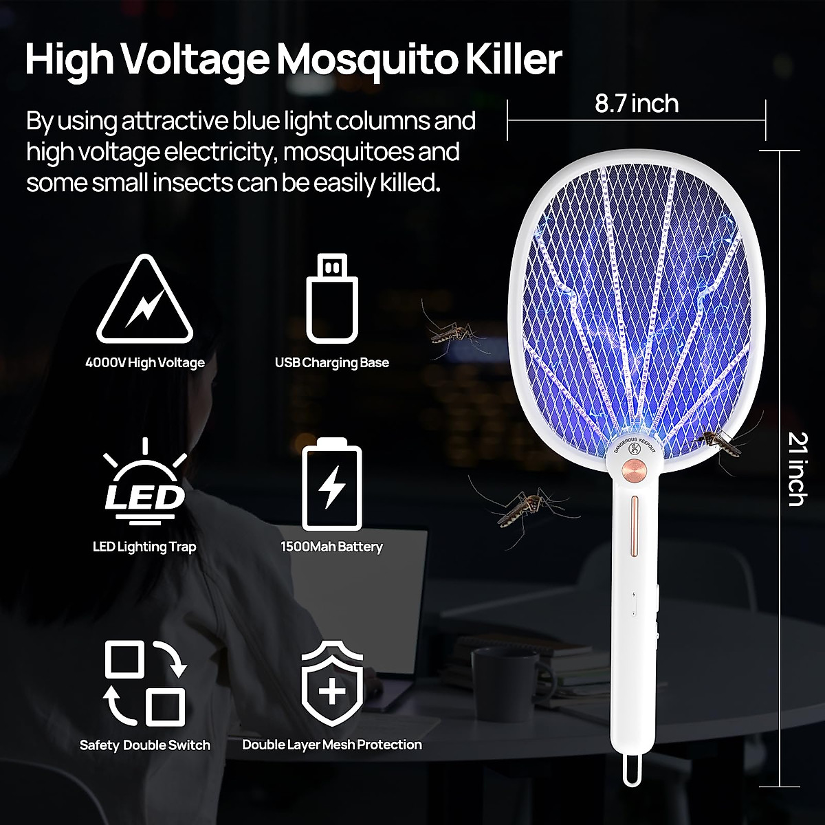 Meilen Electric Fly swatter Racket,2 in 1 Electric Bug Zapper Indoor with 1500mAh Battery,USB Rechargeable Mosquito Zapper with 5 Mosquito Lure lamp Beads,Fly swatter for Indoors（ Brush Included）
