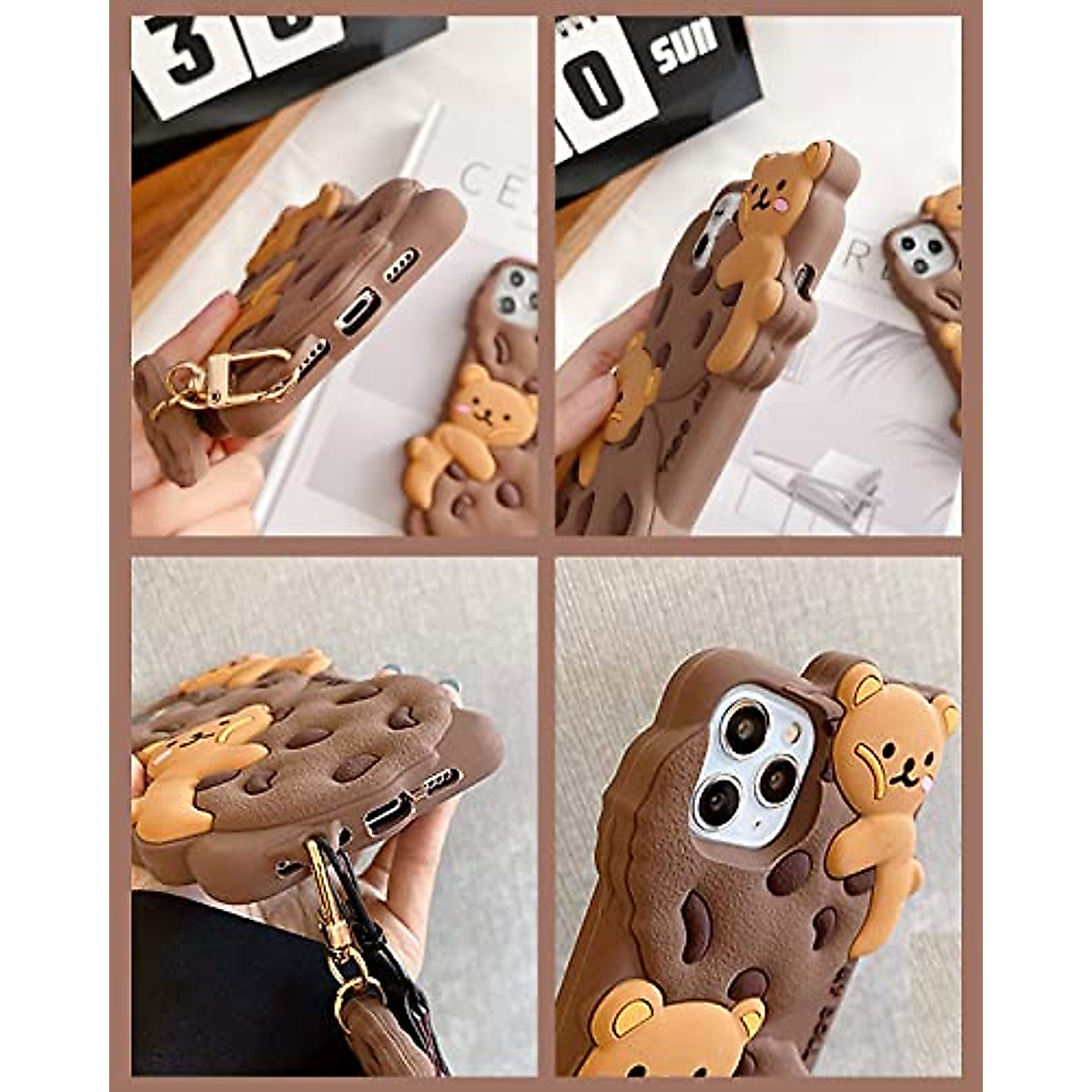 SGVAHY Case for iPhone 11 Case Cute with Lanyard Keychain Kawaii Phone Cases 3D Cartoon Bear Cookie iPhone Case Soft Silicone Shockproof Protective Case Cover for Women Girls Khaki