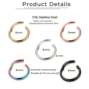 Drperfect 12 Pcs Septum Rings 316L Stainless Steel Cartilage Hoop Earrings Hinged Segment Clicker Septum Nose Rings Hoop Helix Daith Tragus Earrings Body Piercing for Women Men 16G 18G
