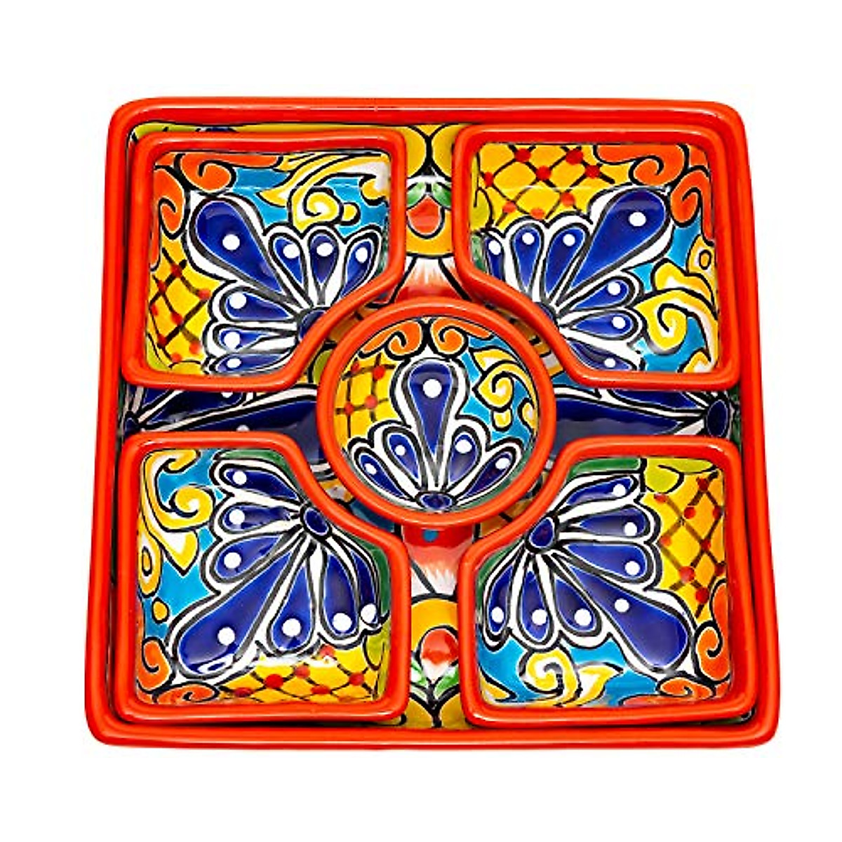 Enchanted Talavera Mexican Pottery Ceramic Large Appetizer Tray Serving Dishes Platter Dish Food Plate Condiments Organizer (Square 6 Piece Set, Red)