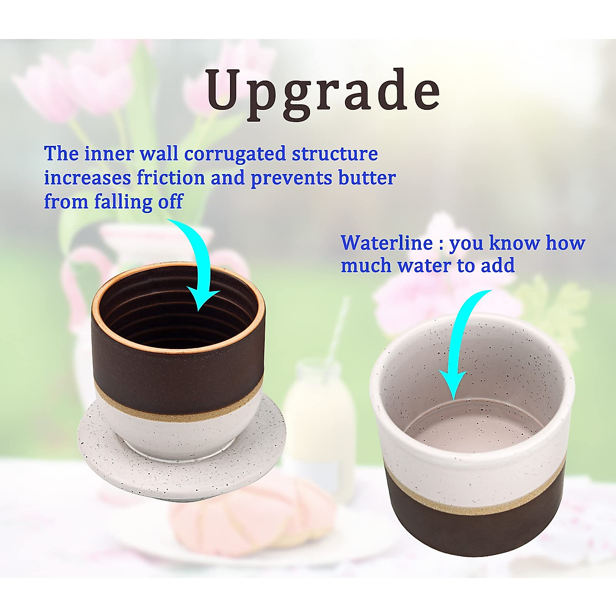 Ceramic Butter Crock For Counter With Water Line White Brown Butter Keeper French Butter Dish Porcelain Butter Holder With Water Line Butter Cup