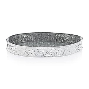 Galvanized White Washed Farmhouse Serving Tray for Ottoman, Coffee Table, Centerpiece Decor – Distressed Round Iron Metal Tray with Handles & Vintage Floral Pattern