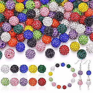 100 pcs 10mm Rhinestone Beads for Jewelry Making, 10 Mixed Colors Shiny Round Disco Ball Beads Bulk, Sparkle Crystal Clay Christmas for Bracelet Baseball Necklace Earring Crafting and DIY