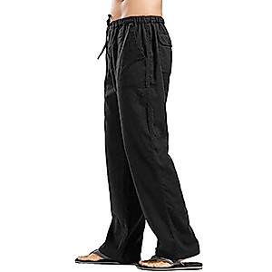 utcoco Qiuse Men's Casual Loose Fit Straight-Legs Stretchy Waist Beach Pants (Large, Black)