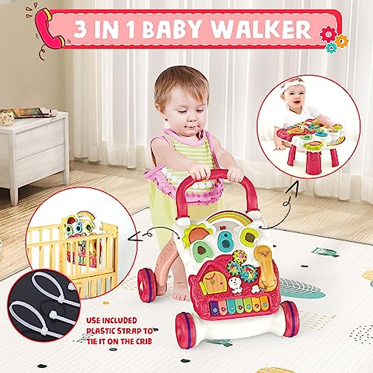 3 in 1 Sit-to-Stand Baby Walker, Activity Center for Baby Girl, Learning Walker, Multifunctional Removable Play Panel, Early Learning Push Music Toys for Infant 12 Months Red