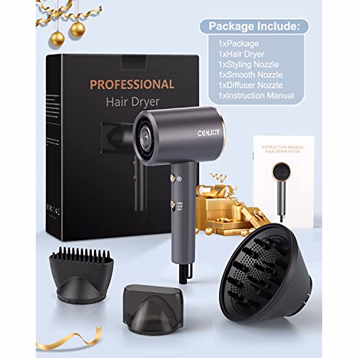 CENJOY Hair Dryer - Blow Dryer with Diffuser, 1875W Negative Ions Hairdryer for Fast Drying, Constant Temperature, 2 Heating/2 Speed/Cool Setting, Lightweight Compact Portable Quiet for Home, Travel