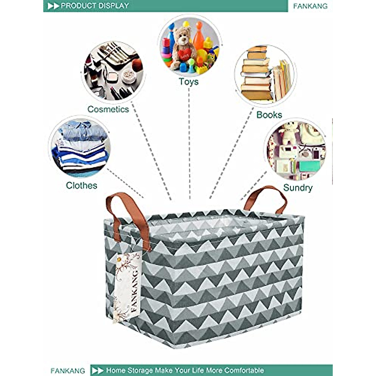 FANKANG Storage Bins, Nursery Hamper Canvas Laundry Basket Foldable with Waterproof PE Coating Large Storage Baskets for Kids Boys and Girls, Office, Bedroom, Clothes,Toys(Rec-grey wave)