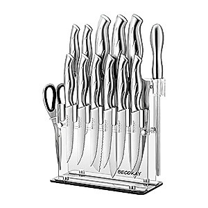 Premium Chef Knife Sets,14-Piece Kitchen Knives with Acrylic Stand, Full Tang Designed, High Carbon Stainless Steel Cutlery With Knife Sharpener & 6 Steak Knives, Ergonomic Handle & Gifted Box(Silver)