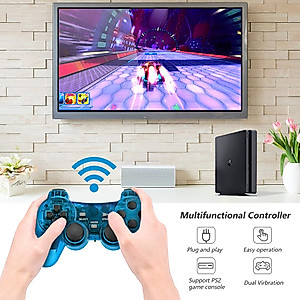 BicycleStore 2 Pack Controller for PS2 Playstation 2.4G Gamepad Joystick Remote with Shock Vibration (ClearBlue and ClearRed)