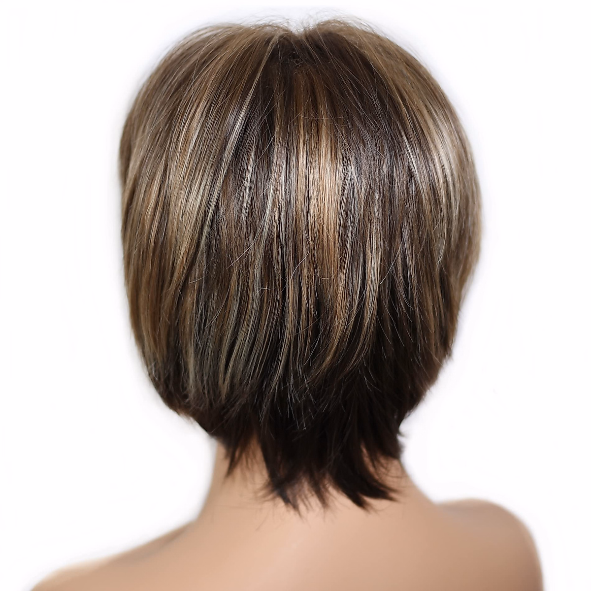 LEDABAO Pixie Cuts Short Wigs with Bangs Dark Brown Mixed Blonde Highlight Wig for white women wig daily parties