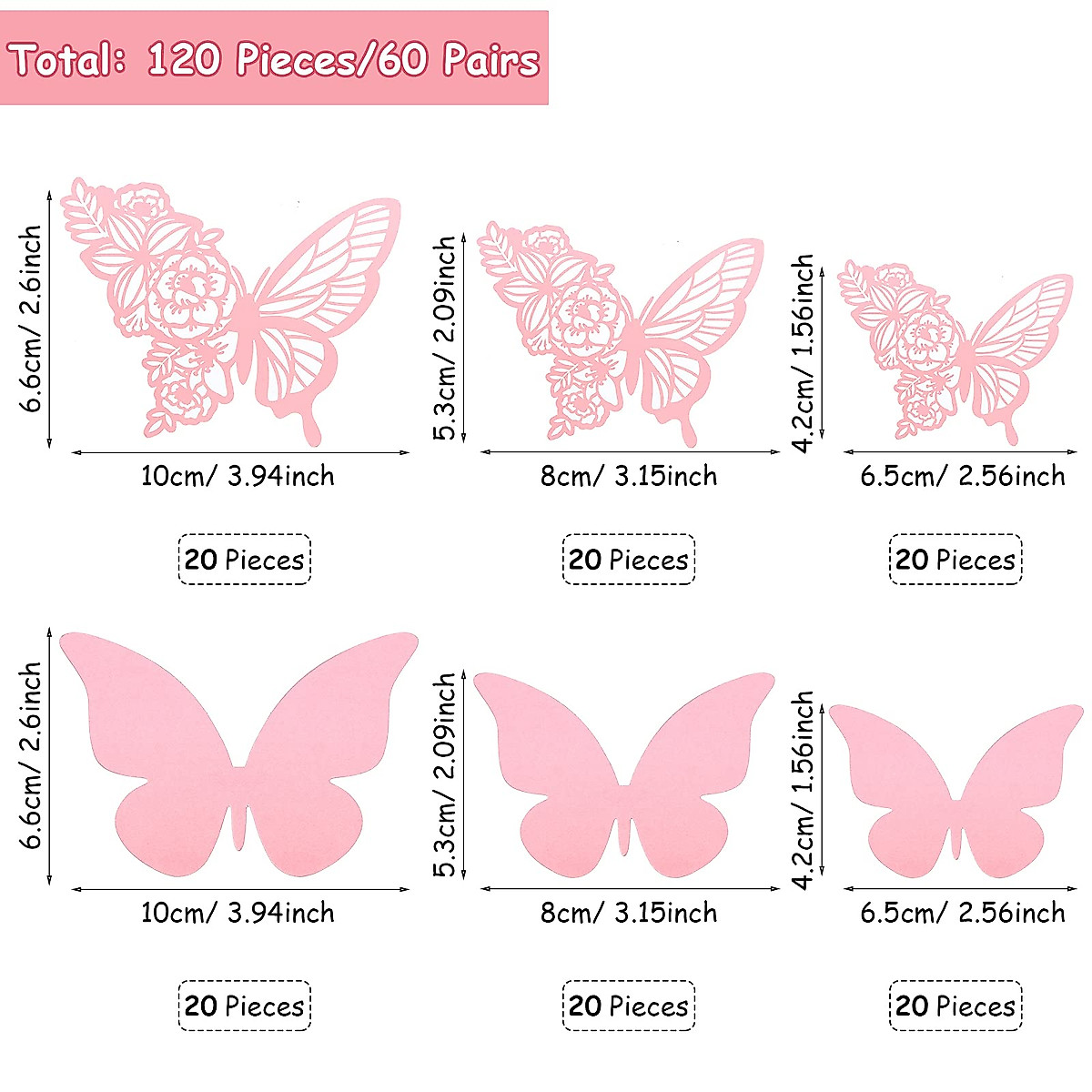 120 Pieces 3D Layered Butterfly Wall Decor Charming Butterfly Mural Decals Stickers DIY Decorative Wall Decals for Baby Room Home Wedding Party Decor (Pink)