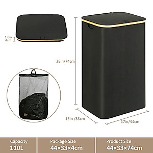 iEGrow Laundry Hamper with Lid, 110L Large Laundry Hamper with Handle and Lid, Collapsible Clothes Basket Organizer with Removable Inner Bag for Clothes Toys Towels - Black