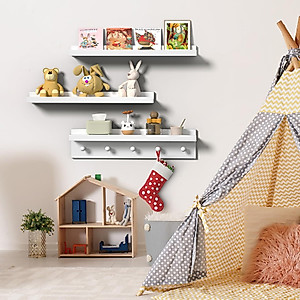 MBYD Picture Shelf Ledge, 24 Inch Floating Shelves for Wall, Nursery Book Shelves with Hooks Set of 3, Floating Shelf Wall Mounted for Bathroom,Kids Room, Living Room, Kitchen White