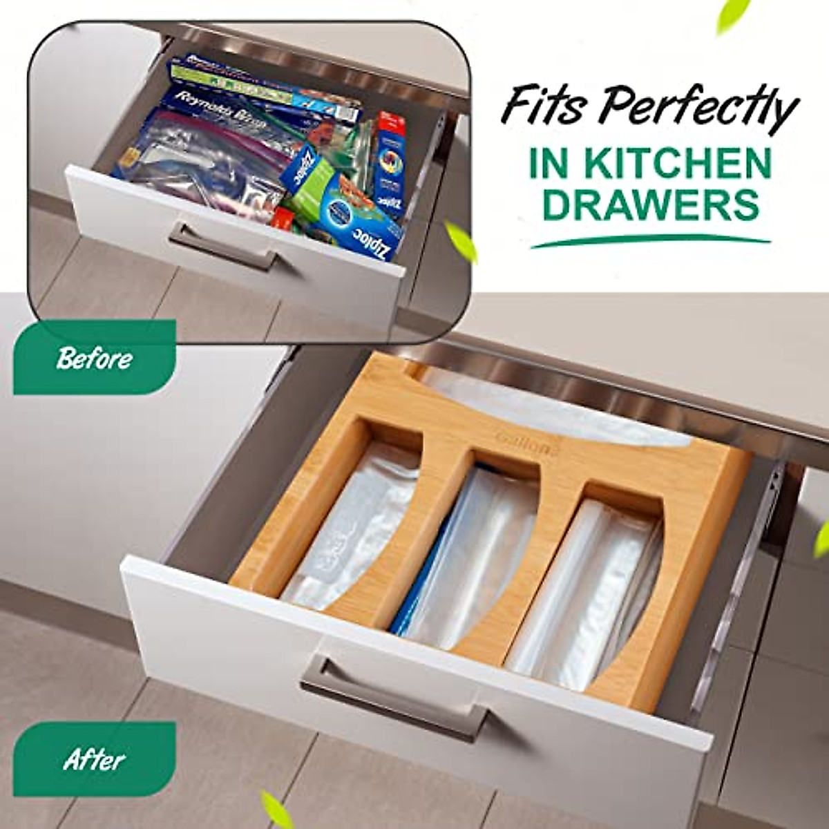 Ziplock Bag Storage Organizer - Plastic Food Storage Bag Dispenser for Kitchen Drawer or Wall Hanging - Fits VarietyBrand Gallon, Quart, Sandwich & Snack Bags - Bamboo Box Holder for Zip Lock Bags