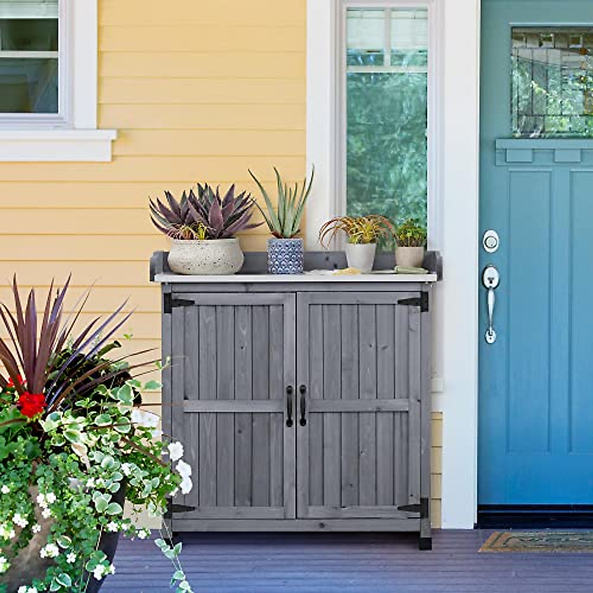 Yaheetech Garden Potting Bench Table - Outdoor Garden Patio Wooden Storage Cabinet & Solid Wood Planting Work Bench with Large Space Storage & Metal-Plated Tabletop, Gray