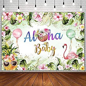 AIBIIN 7x5ft Aloha Baby Shower Backdrop Summer Hawaiian Oh Baby Party Decorations Tropical Floral Flamingo Pineapple Tiki Themed Photography Background Banner Photoshoot Props