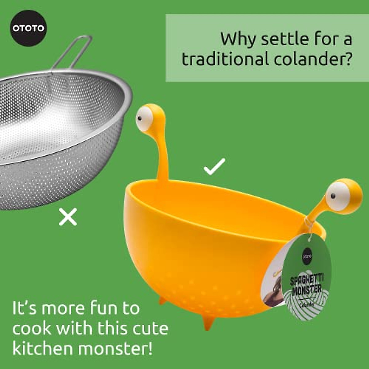OTOTO Spaghetti Monster - Kitchen Strainer for Draining Pasta, Vegetable, Fruit - Colander Dimensions 12.2x 8.27x 7.48 in - BPA free Food Strainers for the Kitchen - Strainer and Colander