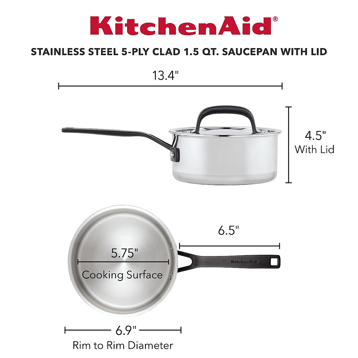 KitchenAid 5-Ply Clad Induction Sauce Pan with Lid, 1.5 Quart, Polished Stainless Steel