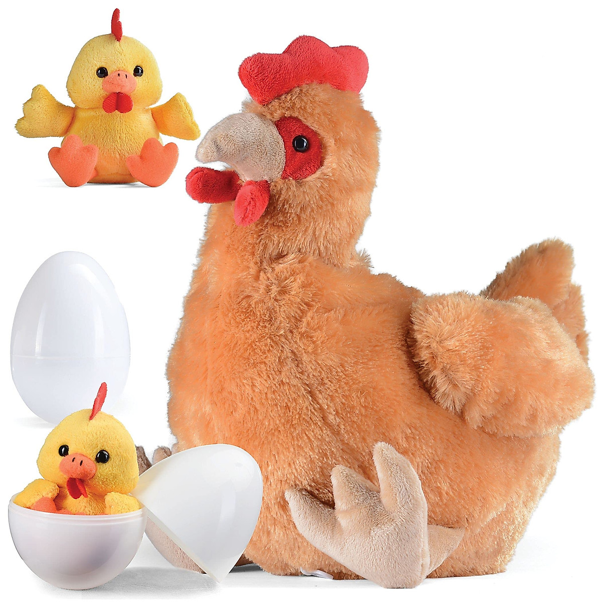 PREXTEX Hen Toy with Two Plastic Easter Eggs and Cute Baby Chicks Inside - Big Mommy Hen Plush with Chicks Zippered in Eggs - Adorable Chicken Plushies for Kids 3-5 Years Old