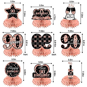 Rose Gold 90th Birthday Decorations Table Honeycomb Centerpieces for Women, 8pcs Happy 90 Birthday Table Toppers Sign Party Supplies, Ninety Years Old Birthday Party Table Decor