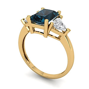 Clara Pucci 2.97ct Emerald Trillion cut 3 stone Solitaire Natural London Blue Topaz gemstone designer Modern Ring 14k Yellow Gold