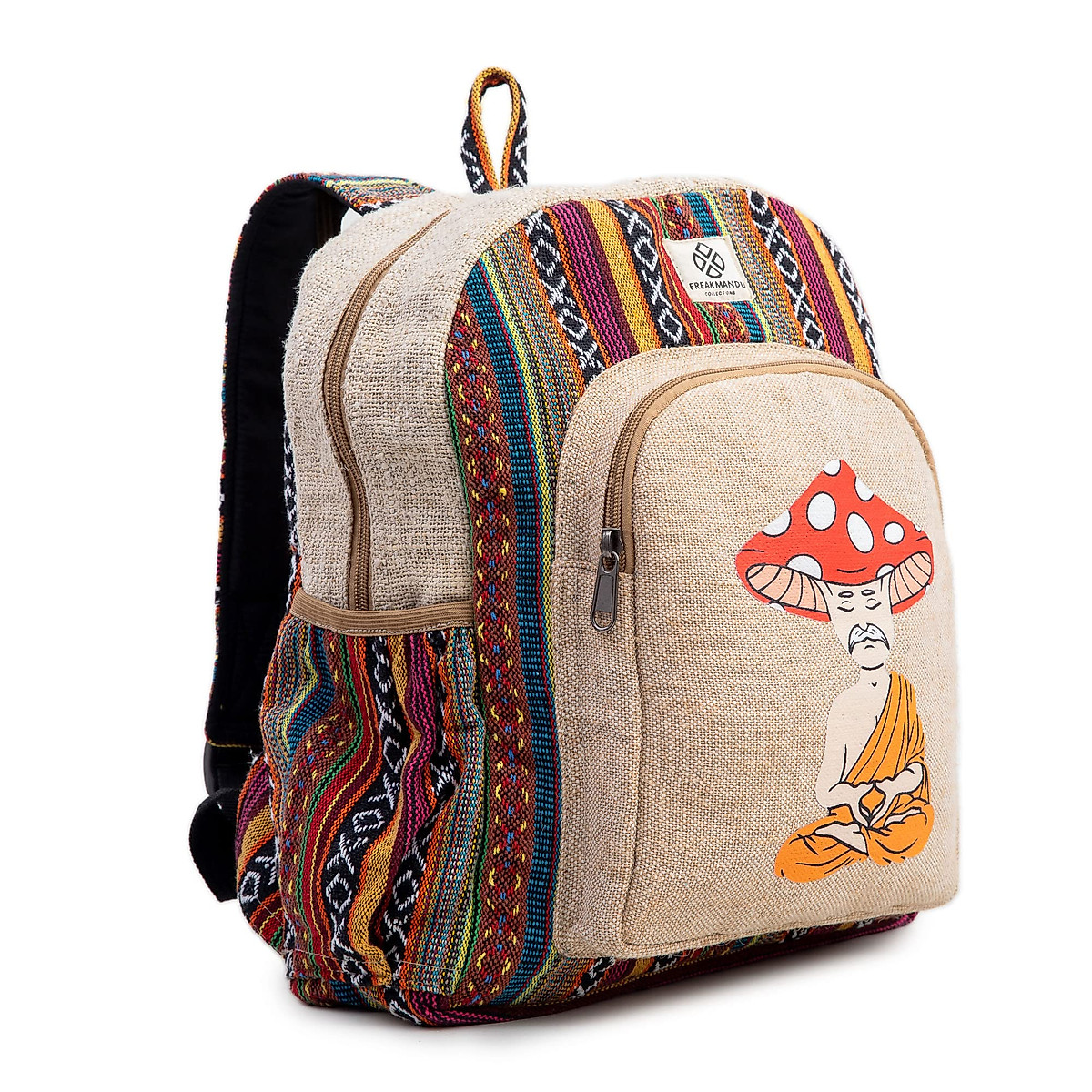 Freakmandu Collections Mushroom Head Hemp Backpack Bag - Eco Friendly Unique Unisex Rustic Durable