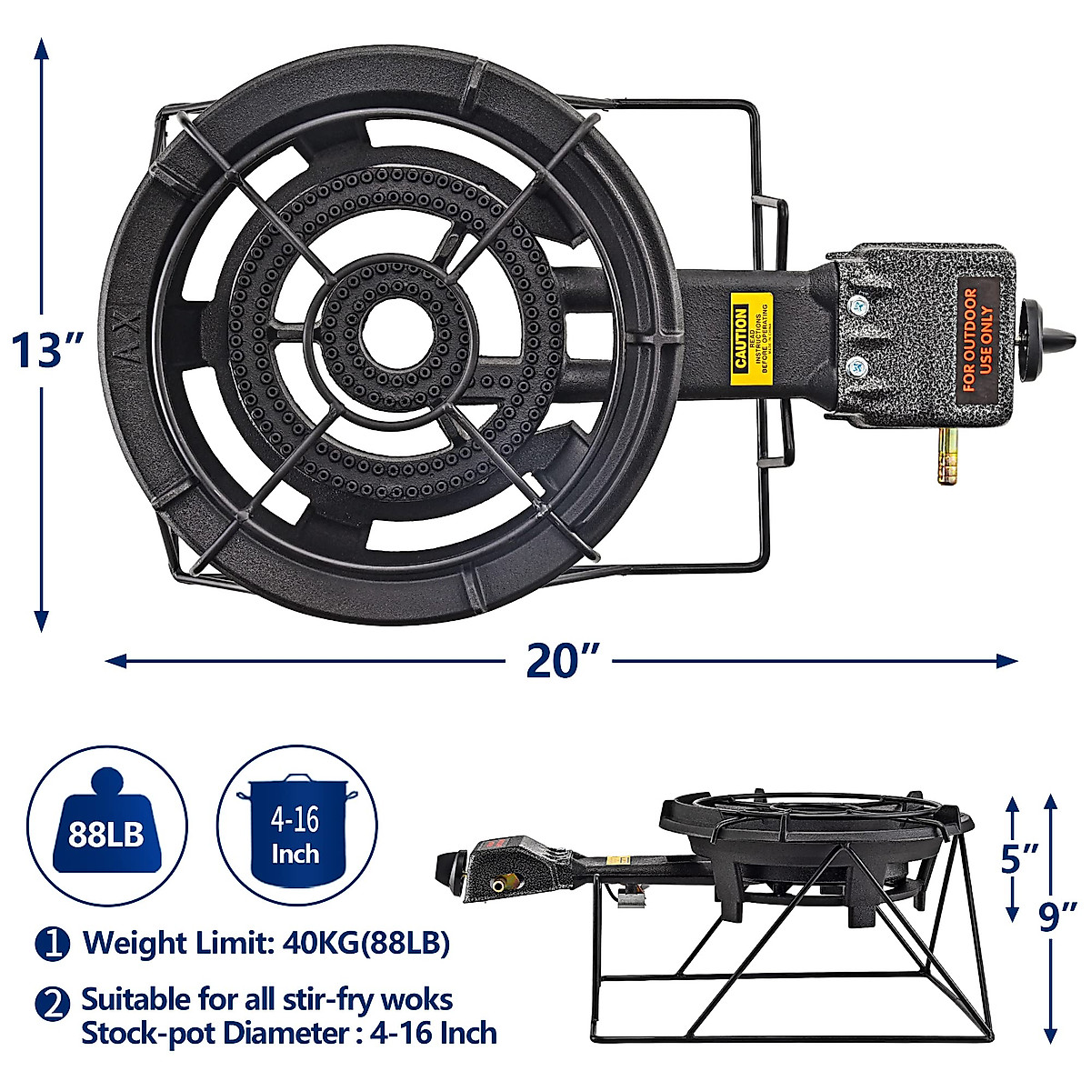 ARC 13" Single Propane Burner, Outdoor Propane Burner Stove, Cast Iron Portable Propane Burner Wok Burner With Sturdy Stand Hose And Regulator, Perfect For Outdoor (26000 btu)