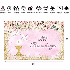 5x3ft Mi Bautizo Backdrop for Girl Baptism Gold Bless Background Pink Flower Golden Dots Photography Baby Shower Banner Party Decorations Floral Newborn Baby Shower Photo Booth Props (EZH0D685UU)